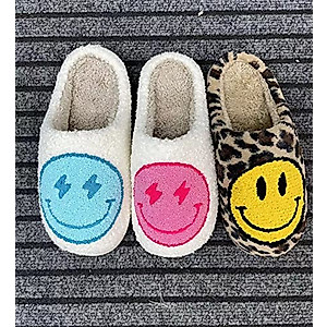 QIPILON Unisex Lightning happy Face Slippers Leopard Print happy Face Slippers Cat Slippers Retro Memory Foam Soft Plush Slippers Warm Non-Slip Home Shoes Pink 43-44