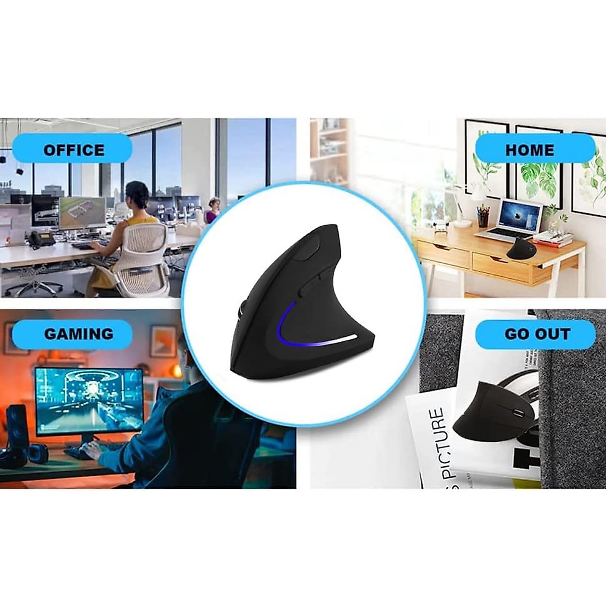 Wireless Mouse Ergonomic Vertical Left-Handed Mouse Ergo LED Light High Precision Optical Cordless Lightweight Left Hand Mice Women Men Gift for PC Computer Laptop Mac Office,1600 DPI,Side Buttons