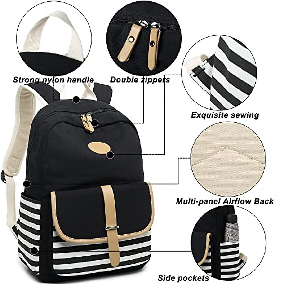 Joyfulife Girls Backpacks, School Backpack for Girls Lightweight Canvas Backpack Student Bookbags Stripe Backpack with Lunch Box 4 in 1