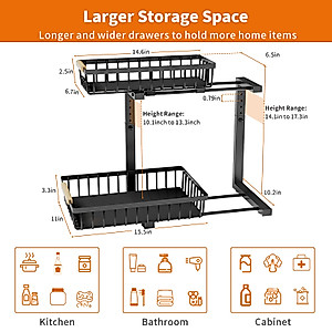 Metal Under Sink Organizer with Cabinet Light, 2 PCS Height Adjustable (10.1"-13.3") Bathroom Organizers and Storage, 2 Tier Pull Out Cabinet Organizer Drawers, Under Sink Storage Shelves for Kitchen
