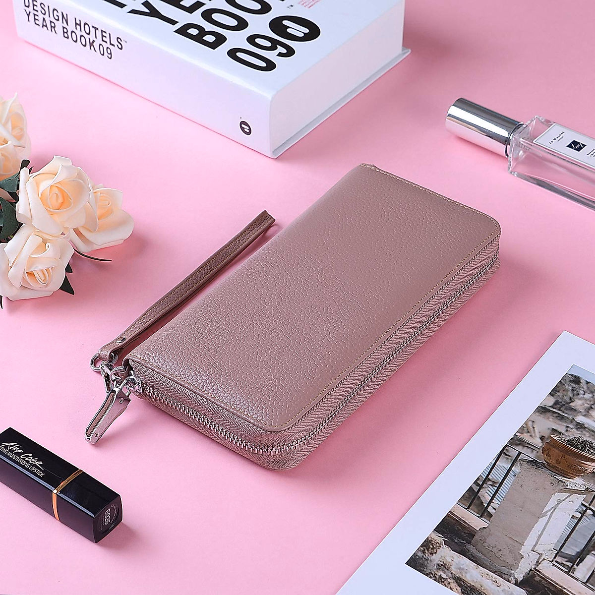 Lavemi Women's RFID Blocking 100% Leather Large Capacity Zip Around Wallet Phone Holder Clutch Travel Purse Wristlet(Large Size Nude)