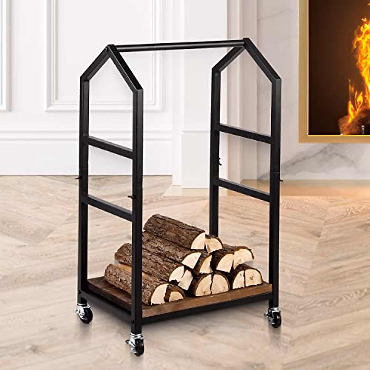MyGift 30 Inch Industrial Firewood Cart in Rustic Burnt Wood and Black Metal Cottage Frame - Indoor Rolling Fire Log Lumber Holder Storage Rack Trolley
