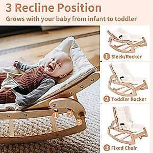 Little Dove Baby Bouncer 3-in-1 Convertible Wooden Recliner and Rocker Chair for Toddler - with Removable Cushion, Seat Belt and Booster