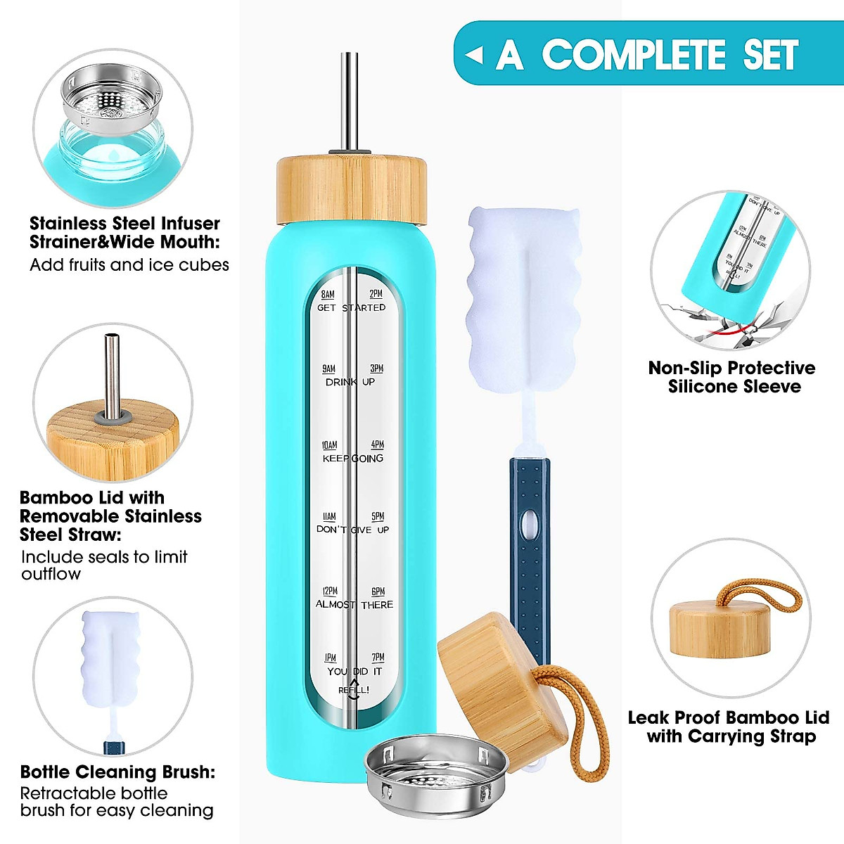 SipZest 32 oz Glass Water Bottles with Straw - Motivational Glass Water Bottle with Time Marker & Silicone Sleeve - Reusable Glass Tumbler Includes 2 Bamboo Lids & Fruit Infuser - 1 Pack