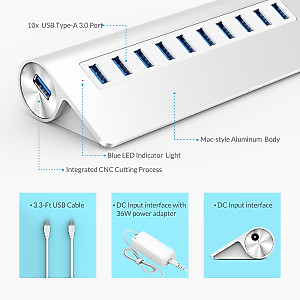 USB Hub, ORICO Super Speed USB 3.0 Triangle Aluminum Alloy Hub Splitter with DC12V Power Adaptor, 10-Port Data Hub with 3.3 Ft Extened Cable for MacBook, Mac Pro, iMac, Notebook, PC - Silver