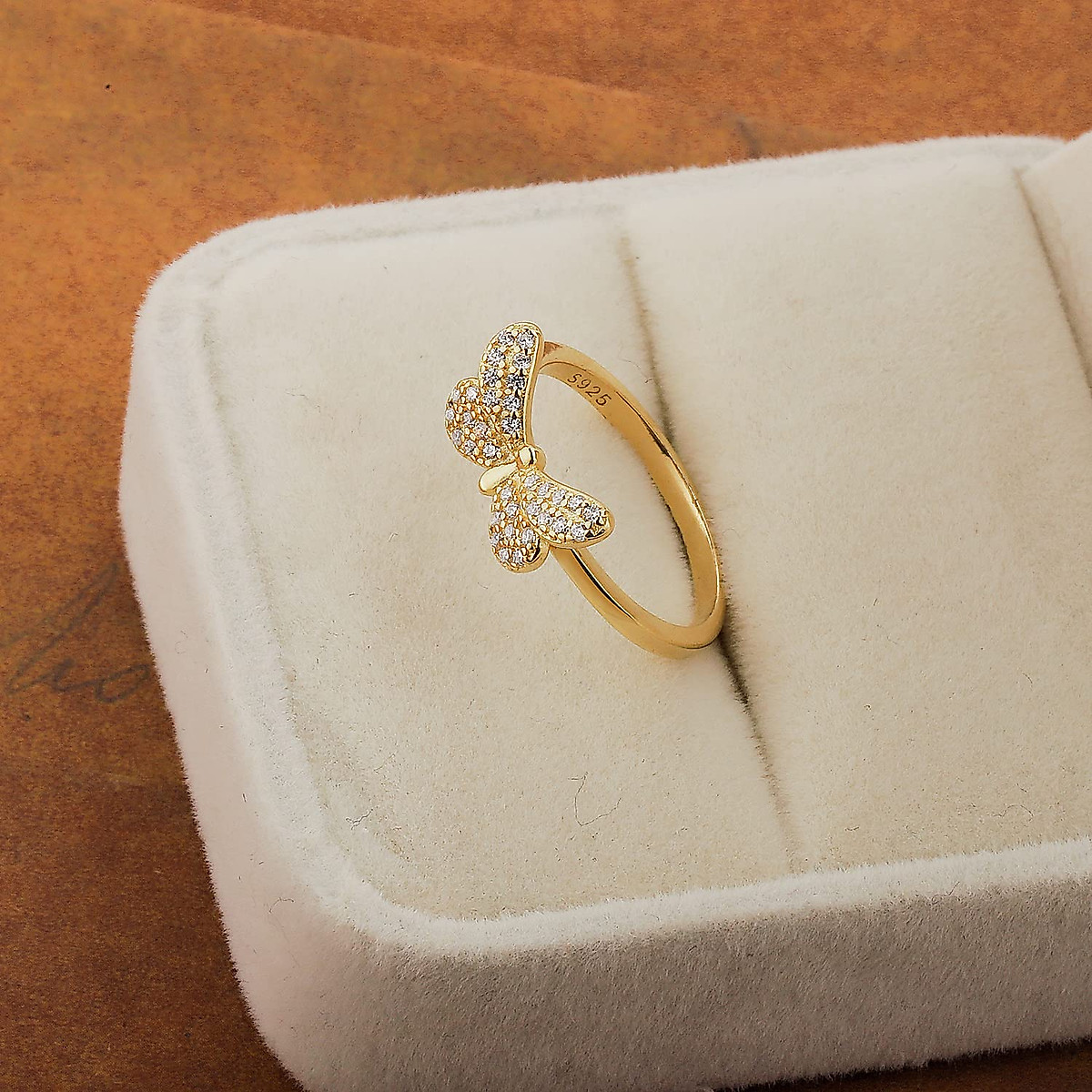 Kemstone Sterling Silver Dainty Butterfly CZ Ring Women Fashion Jewelry Gold/Silver Rings Size 5-9 (gold, 9)