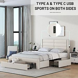 Queen Bed Frame with 3 Storage Drawers, Faux Leather Platform Bed with Headboard and Charging Station, Queen Size Bed Frame with Slats Support and USB Port, No Box Spring Needed, Beige