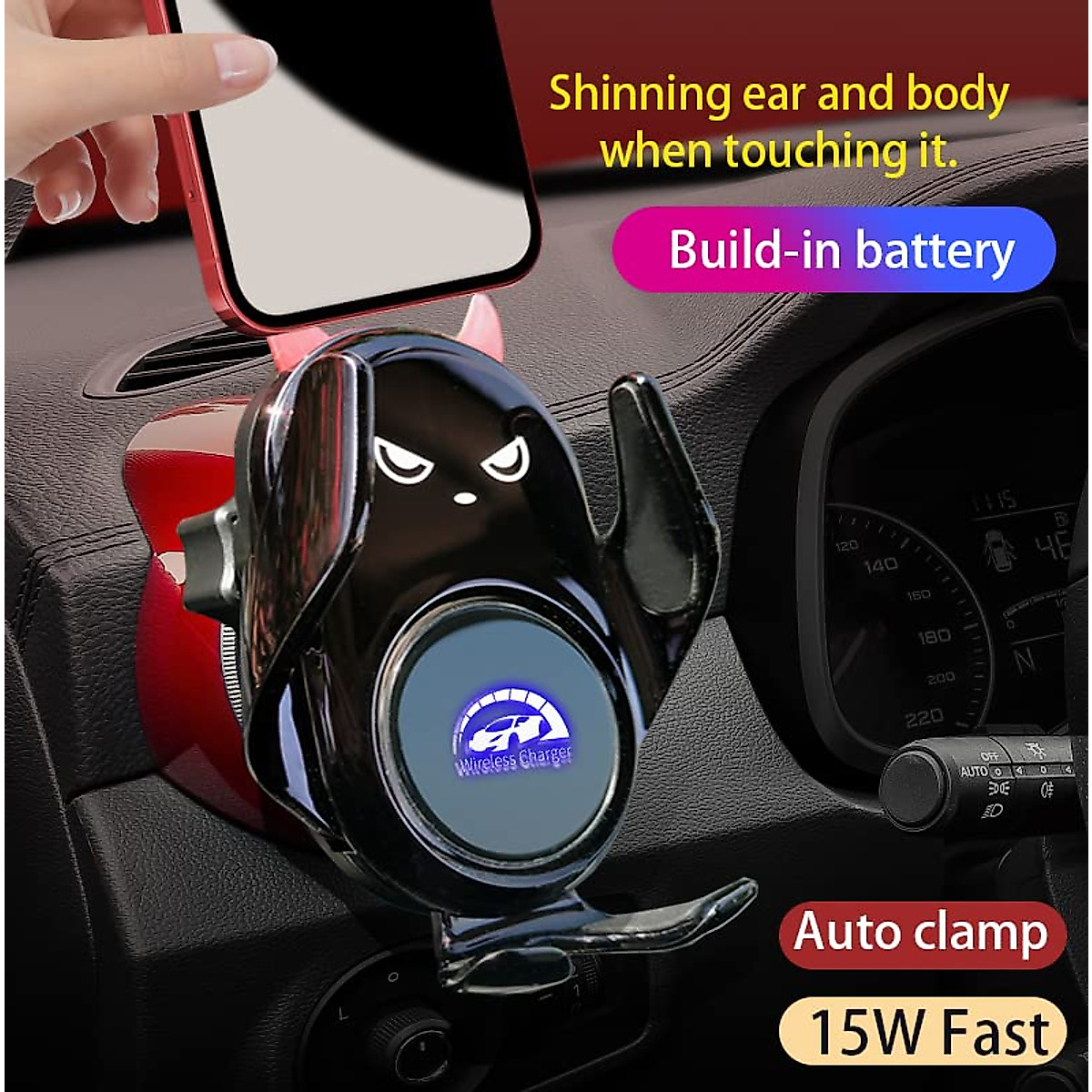 Peanutech Wireless Car Charger Mount Auto Clamping 15W Fast Charging Cute Demon Design for iPhone 14/14Pro/13/ 13Pro/12/12Pro/SE/11/11Pro/XSMax/XS/XR/X,Samsung S22/21/20/ 10/9/8/Note20/10/9 …