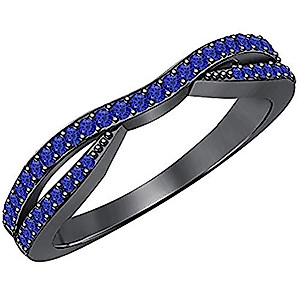 Indi Gold & Diamond Jewelry Created Round Cut Blue Sapphire Gemstone 925 Sterling Silver 14K Black Gold Finish Diamond Contour Wedding Guard Band Ring for Women's