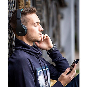 PowerLocus Wireless Bluetooth Over-Ear Stereo Foldable Headphones, Wired Headsets with Built-in Microphone for iPhone, Samsung, LG, iPad (Black/Blue)