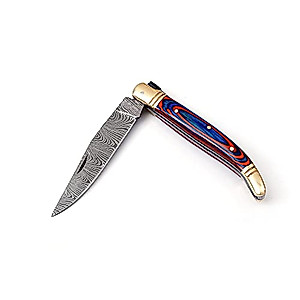 Damascus steel folding knife with leather sheath, 8.5 inches long laguiole pocket knife with 4 inches long Damascus steel Blade, 4.5 inches Blue multi colored wood scale with Brass bolster and pommel,