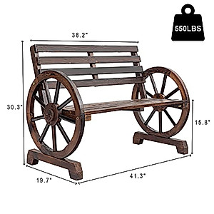 Vagowin Wagon Wheel Bench, Wooden Outdoor Bench 2-Person Seat, Rustic Patio Benches with Backrest for Porch, Garden Brown 19.7inchD x 41.3inchW x 30.3inchH