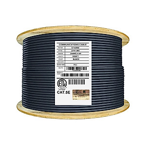 Elite Cat5e Outdoor Cable. CMX - UV Resistant, 1000ft, UL Listed, 24AWG, Unshielded, 350MHz, Bulk Reel, Black