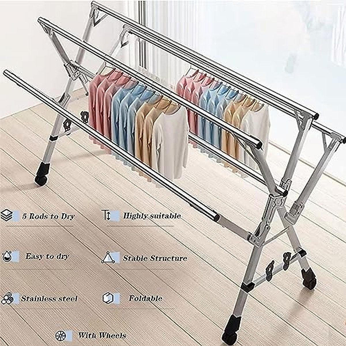 ATYUJKB Laundry Room Collapsible Clothes Drying Rack, Five Pole Drying Rack Stainless Steel, Laundry Stand Organizer with Wheels, Clothes Drying Rack Outdoor (200cm/79in)