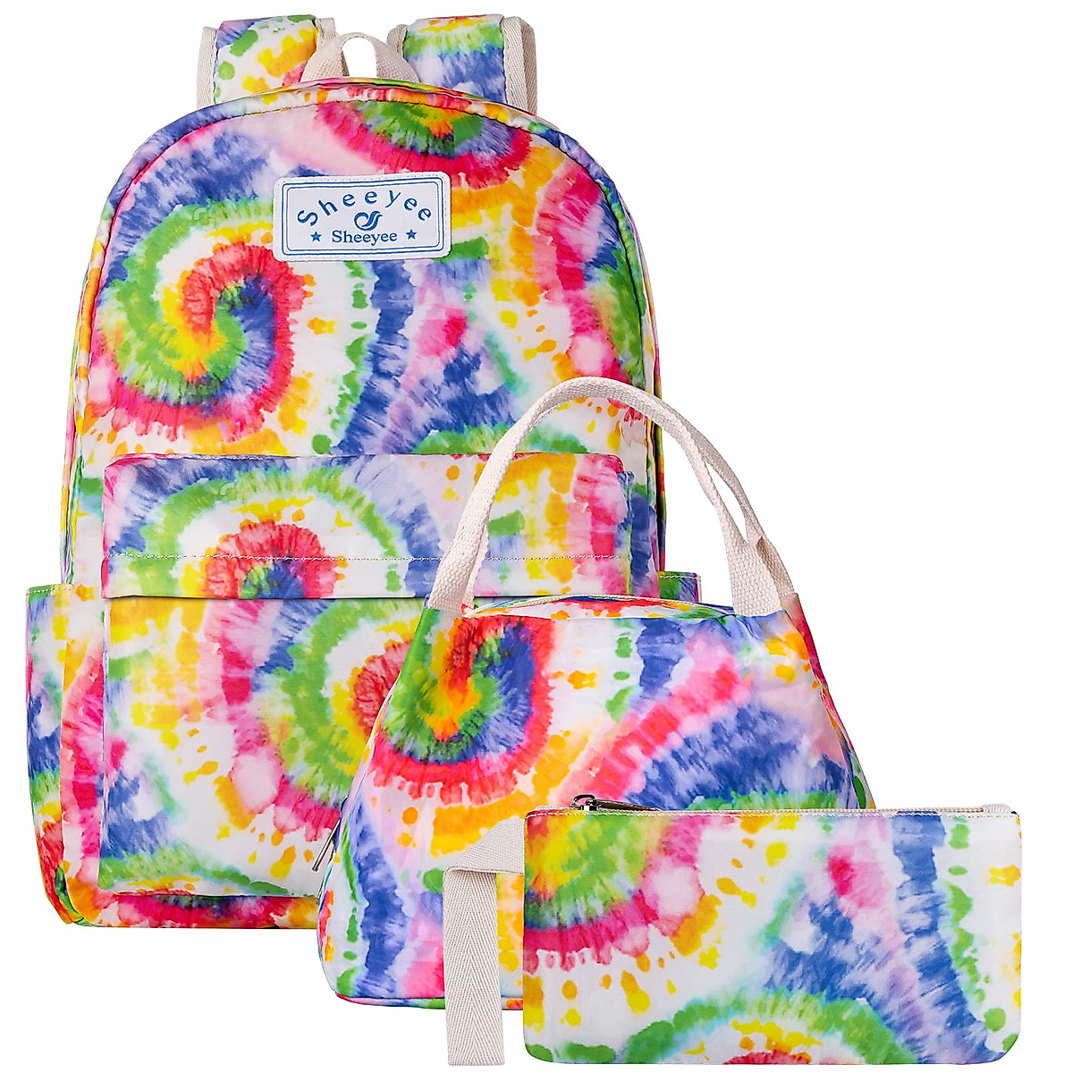 SHEEYEE Teen Girls School Backpack with Matching Lunch Box Pencil Case Marble Bookbag Laptop for Middle School (Blue-White)