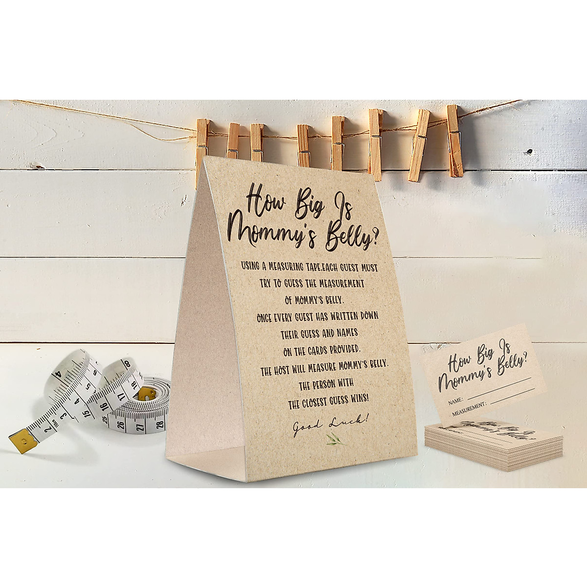 Kraft Paper How Big is Mommy's Belly Sign,Guess Mommy's Belly Size Game Kit (1 Standing Sign + 50 Guessing Cards + 3 measuring tapes), Baby Showers Decorations-NPZHB03