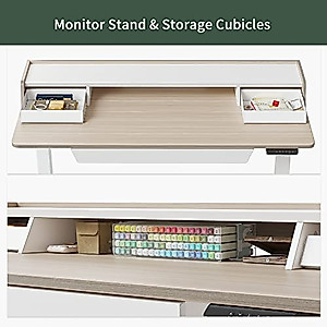 FEZIBO Standing Desk Adjustable Height with Drawers, 55 x 25 Inch Stand Up Desk with Storage Shelf, Electric Standing Desk with Storage Space, Light Walnut Top/White Frame