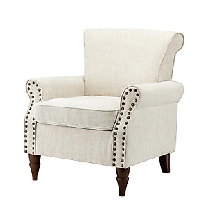 HULALA HOME Modern Accent Chair with Wooden Legs & Nailhead Trim, Small Fabric Club Chair, Comfy Upholstered Armchair Lounge Chair for Bedroom Living Room Single Sofa(Ivory)