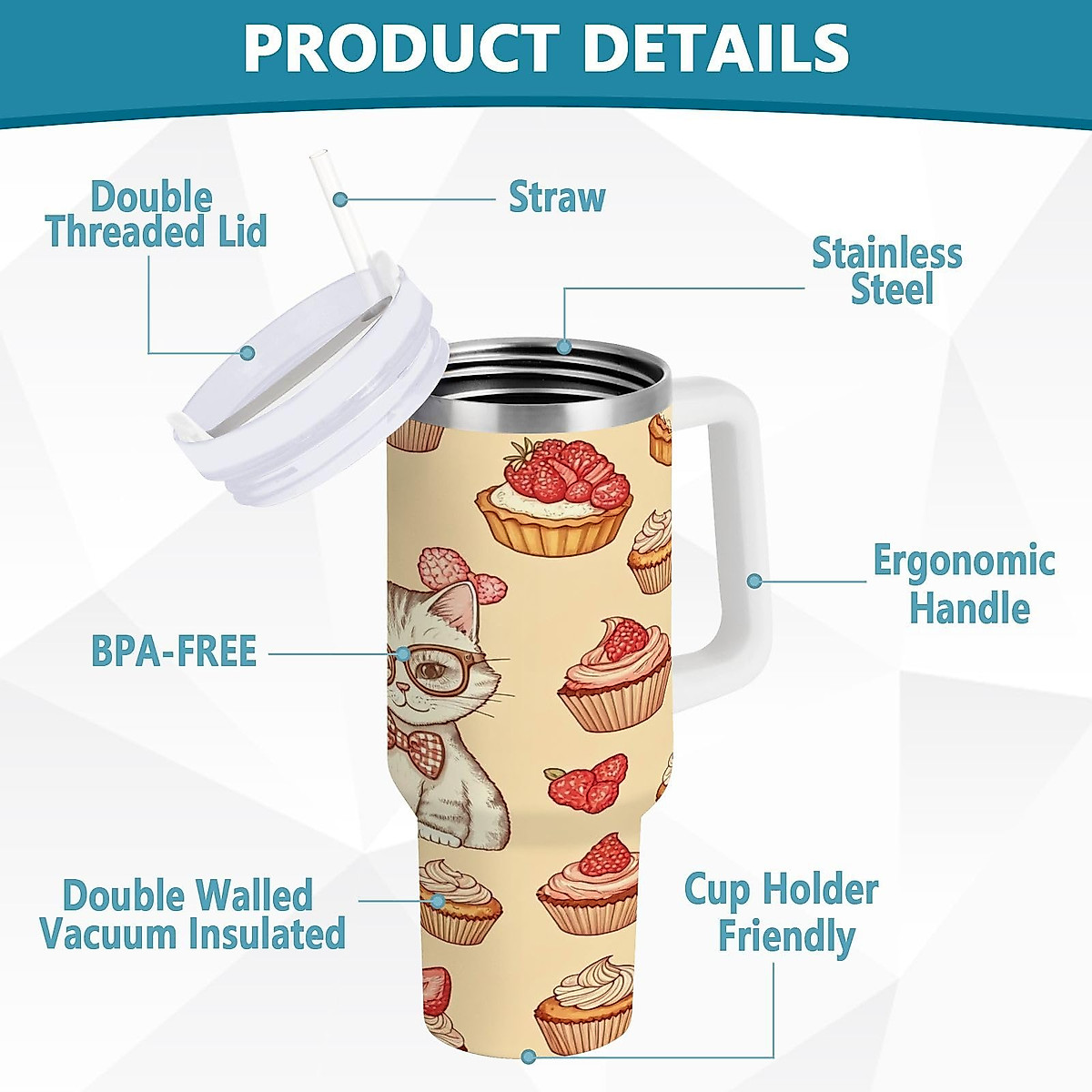 Msyxl 30 oz Insulated Stainless Steel Tumbler with Handle and Straw Lid - Leak-proof Coffee Mug for Men Women, Travel Mug Fits Cup Holder (Cat Cakes)