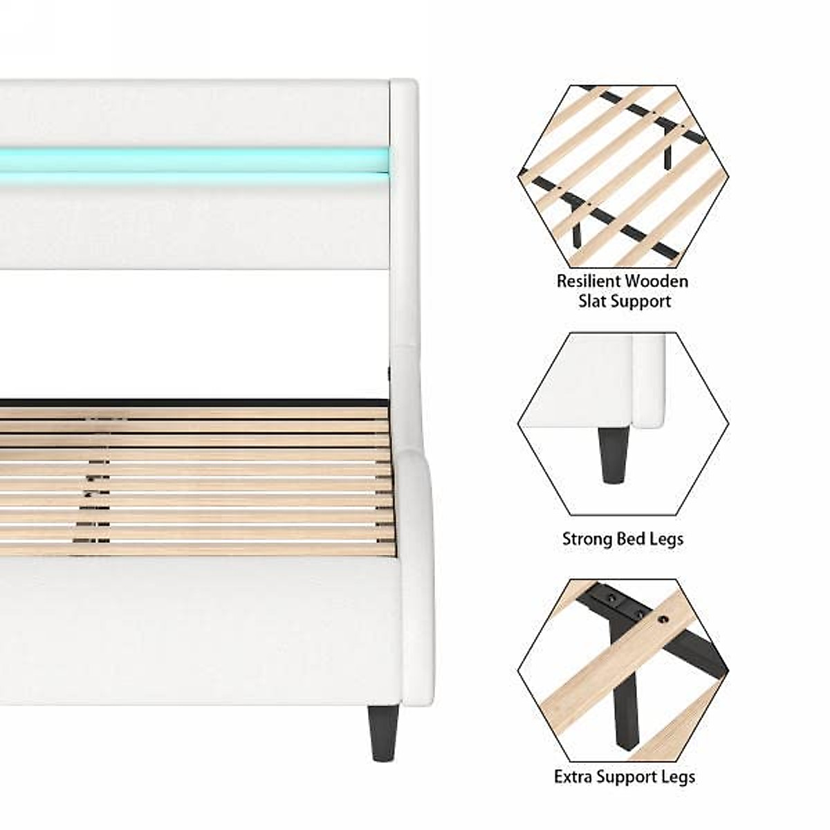 TTVIEW Upholstered Smart LED Bed Frame with Headboard, Modern Faux Leather Wave-Like Platform Bed Frame, Low Profile Bed Frame with Solid Wood Slats Support, White, Full Size