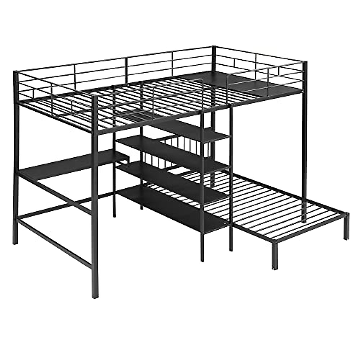 BOVZA Full Over Twin Metal Bunk Bed with Built-in Desk, Storage Shelves and Ladder, L Shaped Loft Bed Frame for Kids, Teens, Girls, Boys, Black
