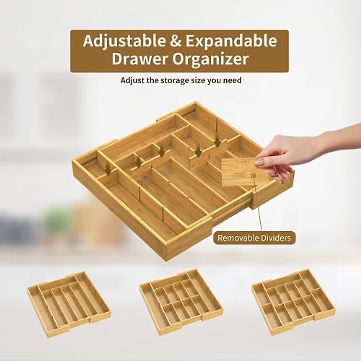GAOLINE Bamboo Kitchen Drawer Organizer, Expandable Adjustable Silverware Drawer Organizer with 4 Adjustable Boards, Utensil Holder Cutlery Tray for Flatware, Silverware, Kitchen Utensil