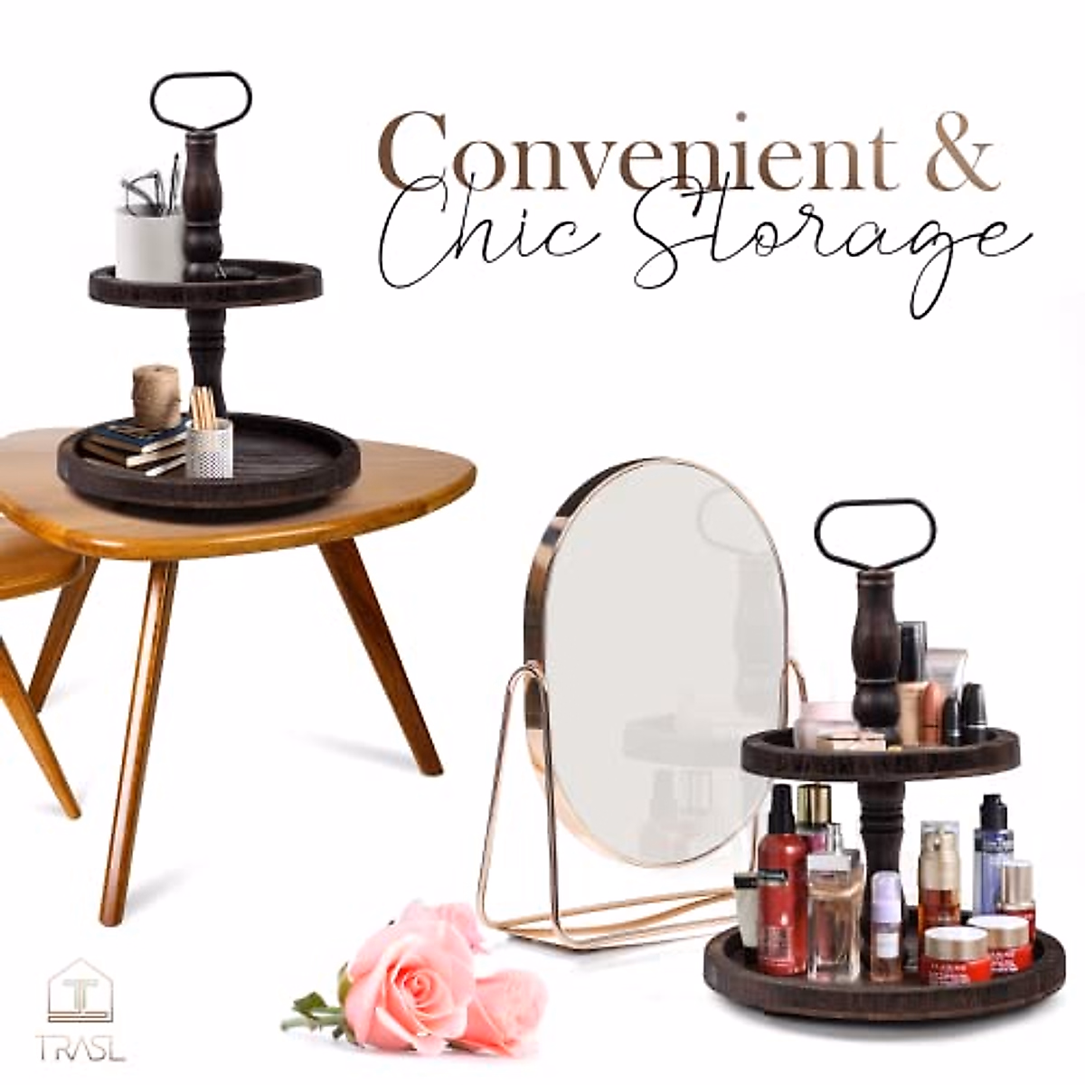 Trasl 2 Tier Serving Tray Farmhouse with 7pc Decoration Set. Kitchen Decor Rustic Serving Stand Wood Serving Tray. Coffee Table Tea Tray Tables & Cupcake Stand Decorative Tray Wooden Tray Room Decor