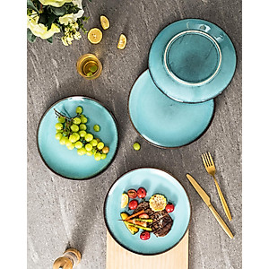 HENXFEN LEAD Dinner Plates Set of 4, Large Serving Dishes 10 Inch for Steak, Salad, Pasta - Stoneware Dinnerware Sets Dishwasher, Microwave, Oven Safe, Aqua