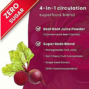 Beet Root Powder Circulation Supplement | Superfood Powder Nitric Oxide Supplement with Beetroot Juice, Super Reds Powder & Grape Seed Extract | No Sugar Beet Supplement