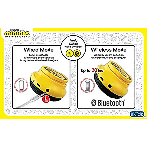 eKids Minions Kids Bluetooth Headphones, Wireless Headphones with Microphone Includes Aux Cord, Volume Reduced Kids Foldable Headphones for School, Home, or Travel