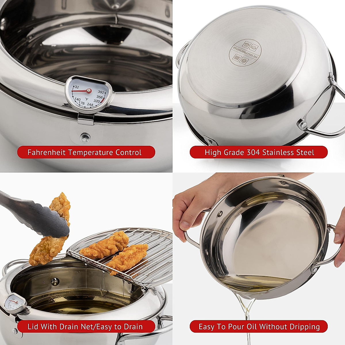 Deep Fryer Pot (°F),Stylish Tempura Fryer,Small Japanese Style 3.4L Stainless Steel Deep Frying Pot With Lid & Oil Drip Drainer Rack and Detachable Fahrenheit Temperature Control,Size: 9.8 Inches