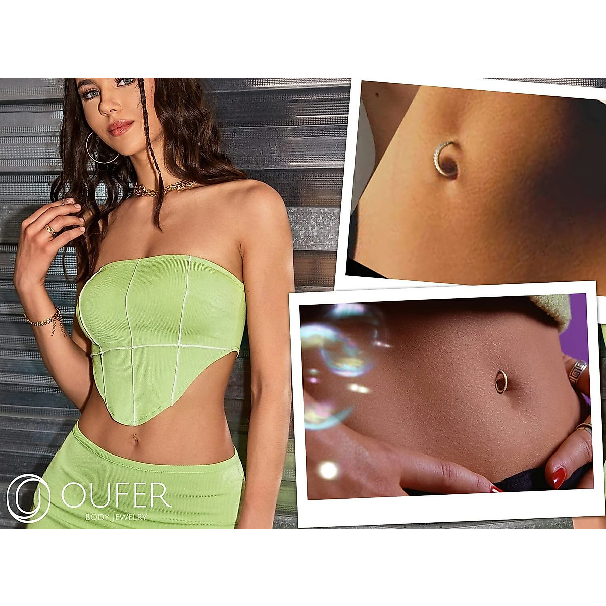 OUFER 14G Gold Belly Button Rings, 316L Surgical Steel Belly Button Hoop Jewelry, Clear CZ Paved Belly Hoop Rings, Belly Piercing Jewelry-8MM
