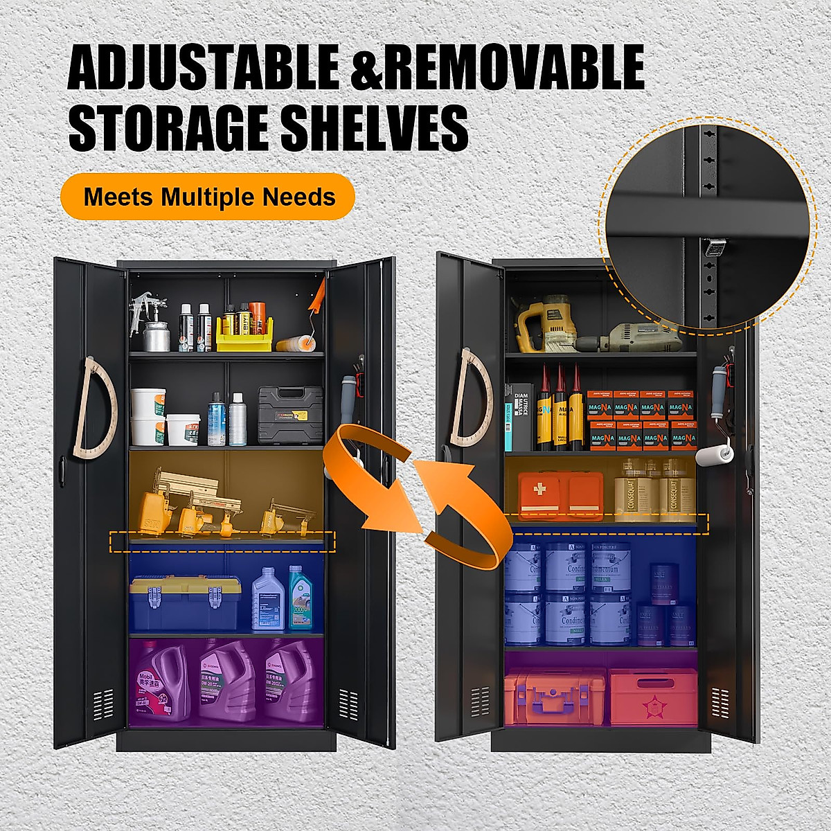 Metal Garage Storage Cabinet, Locking Garage Tool Cabinet, 71"Tall Steel Storage Cabinets with Doors and Adjustable Shelves, Locker Black Metal Tool Cabinets for Garage, Home Office, Assembly Required