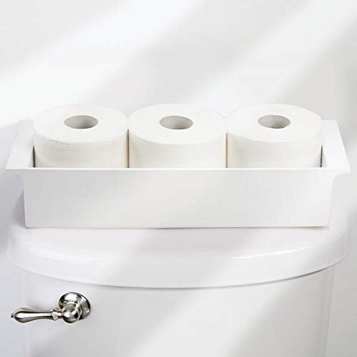 mDesign Deep Bamboo Storage Organizer Tray Bin with Handles, Multipurpose; Use on Bathroom Vanity, Countertop, Toilet Tank - Stackable, 16" Wide - White Wood Finish