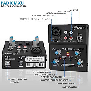 Pyle 2-Channel Audio Mixer - DJ Sound Controller Interface with USB Soundcard for PC Recording, XLR and 3.5mm Microphone Jack, 18V Power, RCA Input and Output for Professional and Beginners - PAD10MXU