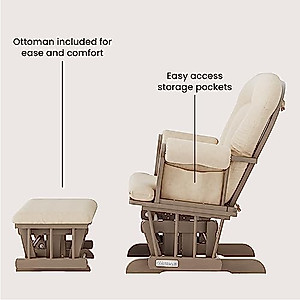 Child Craft Cozy Glider Rocker and Ottoman Set, Padded Cushion with Convenient Storage Pockets, Solid Wood Base & Frame (Dusty Heather with Beige Cushion)