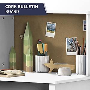 ijuicy Kids Desk and Chair Set, Kid Study Desk with Hutch & Cork Bulletin Board, Children's Wooden Study Desk with Storage Shelves & 2 Closed Drawers, Student Desk with Chair for Study, White