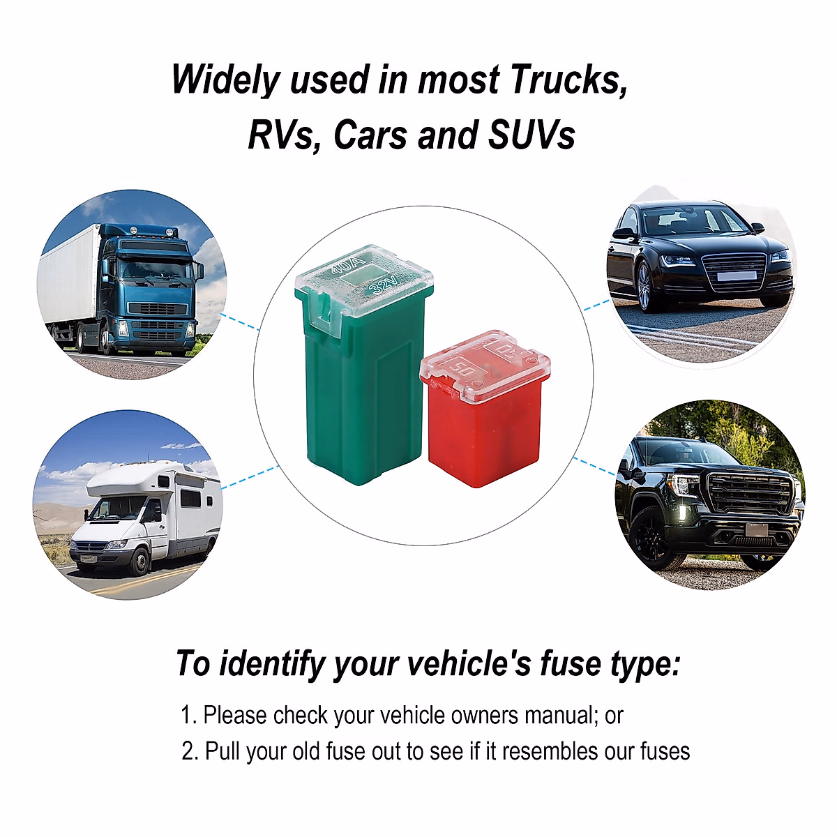 CrocSee 30 Pieces Car Fuses Assortment Kit, Tall/Standard and Low Profile Box Shaped Automotive Fuses for Pickup Trucks, Cars, RVs, and SUVs