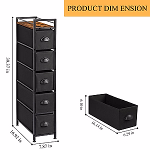 MOOACE Narrow Dresser with 5 Drawers, Slim Storage Chest Organizer Dresser for Bedroom - Storage Tower with Wood Top and Steel Frame for Bathroom, Living Room, Hallway, Black