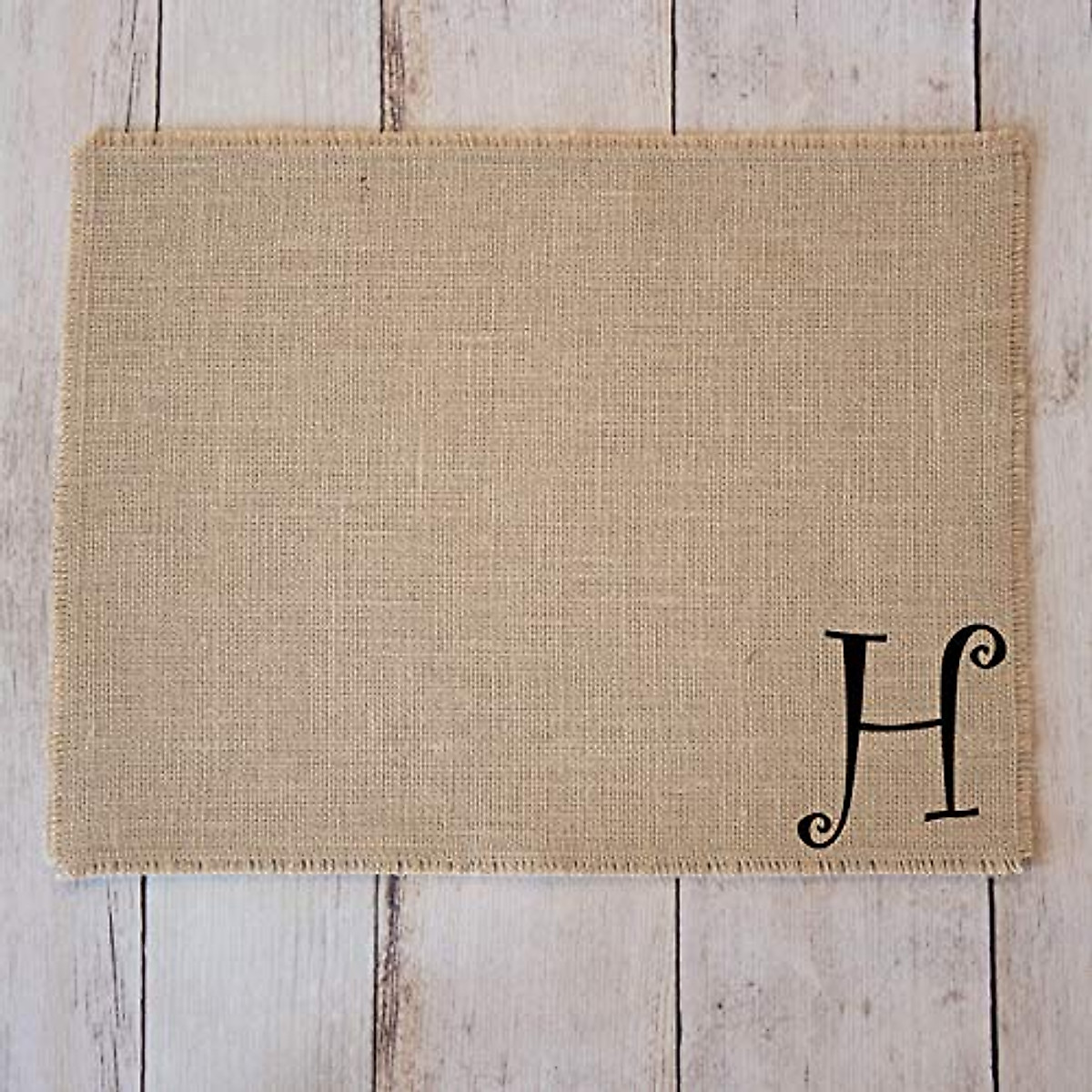 Customized Monogrammed Burlap Placemats - set of TWO 14" x 18" Farmhouse Kitchen Jute Place Mats - Made in the USA (H monogram)