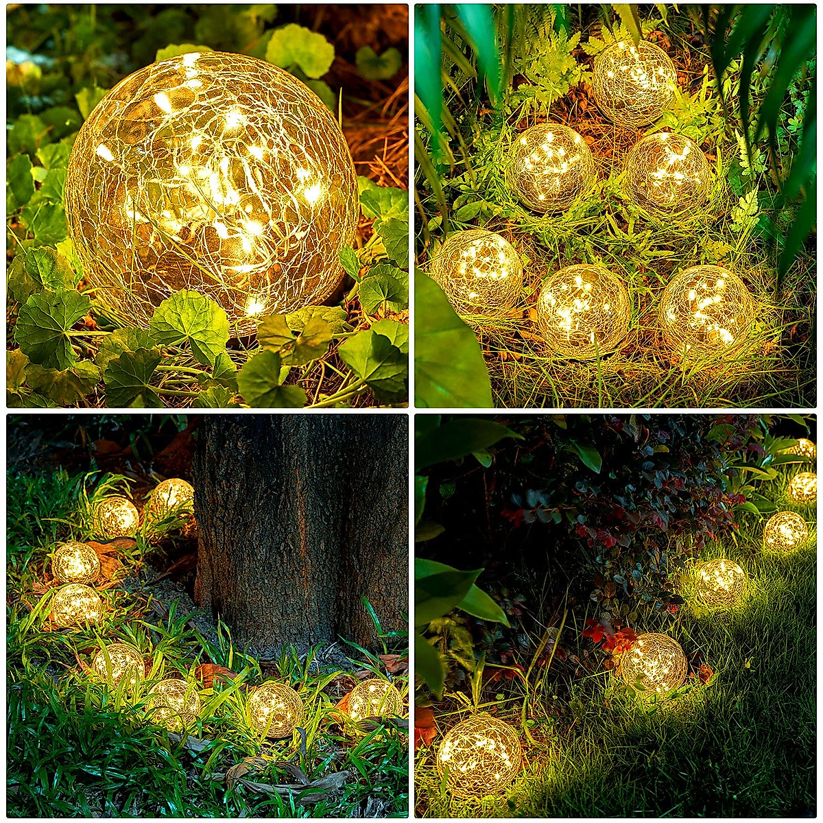 Honoson Solar Lights Outdoor Garden Globe Light Cracked Glass Ball Yard Decor Waterproof Warm White Led Solar Light Decorative Solar Ball Garden Decor for Backyard Lawn Ornament (3.9 Inch,4 Pieces)