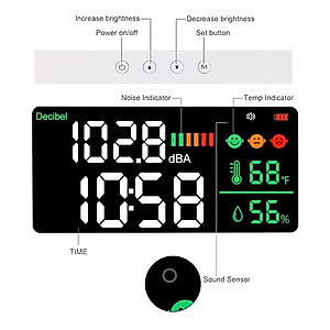 5-in-1 Decibel Meter Wall Hanging Sound Level Meter 30-130dB Range 11 Inch Large LED Display Noise & Time & Temperature & Humidity Meter Wide Applications for Home, Studio, Factory, Classroom