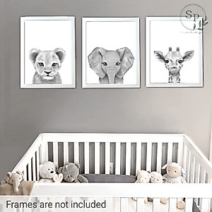 Set of 3 Baby Safari Animal Rustic Nursery Decor |11"x14"| Baby Giraffe, Lion, and Elephant Safari Animal Wall Art Set - Artwork for Outdoor Themed Gender Neutral Baby Girls or Boys