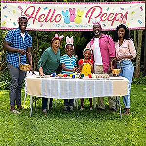 Large Happy Easter Sign Banner Spring Easter Decoration Hello Peeps Indoor and Outdoor Banner Easter Party Decoration Background Photo Prop (9.8 x 1.9 ft)