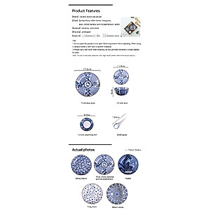 Gegong Blue and White Porcelain Dinnerware Set, Dishes, Bowl, Spoon, Chopsticks, Service for 1, Colorful Glazed Ceramic Set, Gift Box Packaging (Tang Grass)