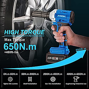 Huoeren Electric Cordless Impact Wrench 1/2 Inch,480Ft-lbs(650N.m) High Torque Battery Impact Wrench,21V Brushless Impact Gun Set with 2x4.0Ah Battery,4 Sockets,4 Drills and 4 Screws for Car & Home
