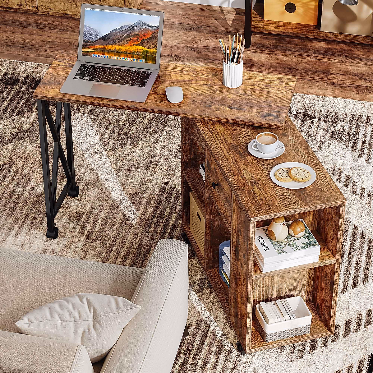 YITAHOME Computer Desk with Drawer, Office Desk with 5 Storage Shelves, 360°Rotating Writing Desk Work Desk for Home Office, Study, Bedroom, Work from Home, Brown