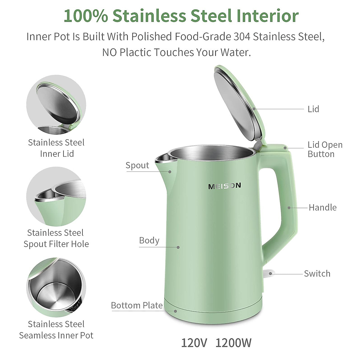 MEISON Electric Kettle, 1.7 L Double Wall Food Grade Stainless Steel Interior Water Boiler, Coffee Pot & Tea Kettle, Auto Shut-Off and Boil-Dry Protection, 1200W, 2 Year Warranty(Green)