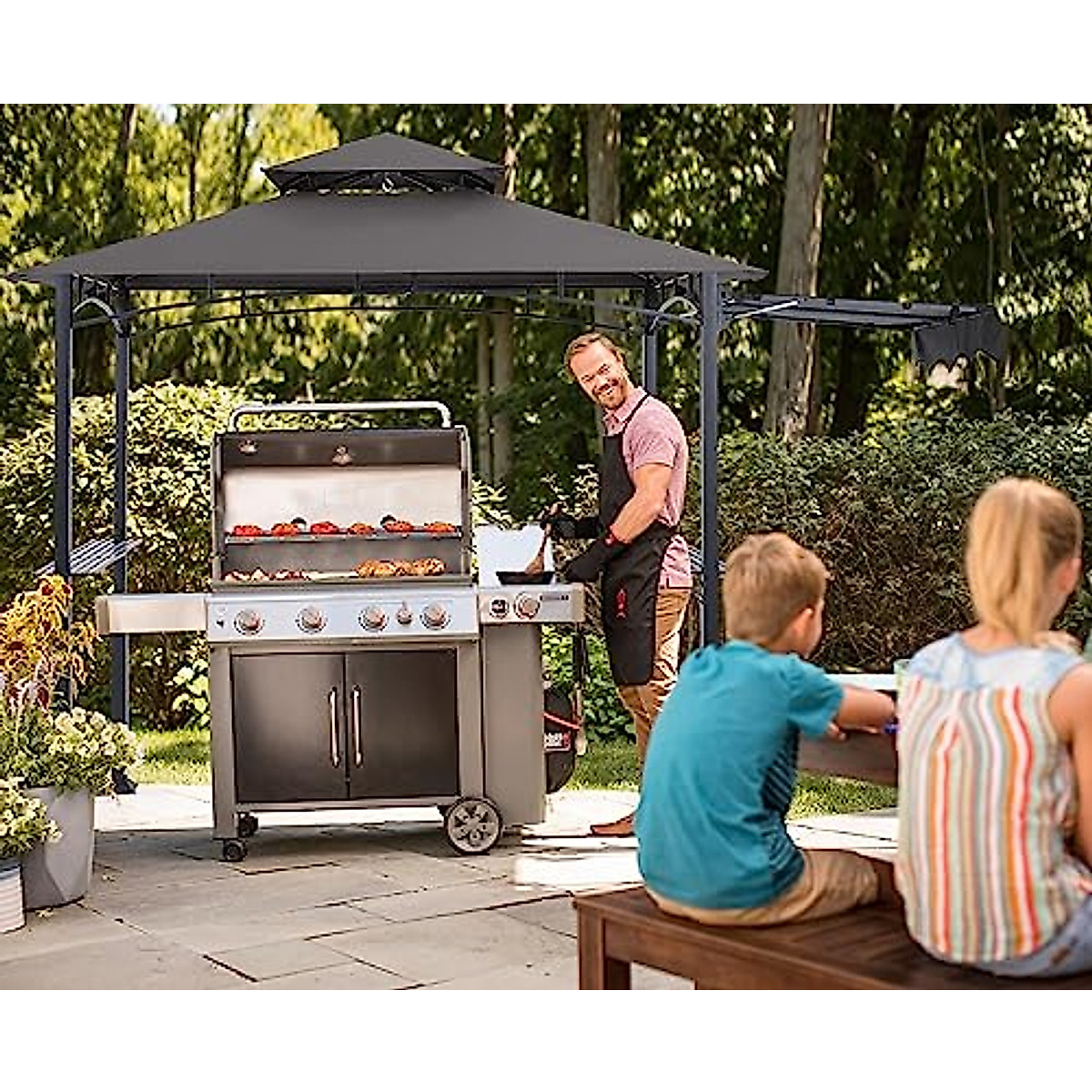 ABCCANOPY Grill Gazebo with Extra Awning - 5'x11' Outdoor Grill Canopy BBQ Gazebo Barbecue Canopy with LED Lights for Backyard, Lawn and Patio (Dark Grey)