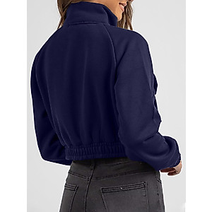 Fisoew Womens Cropped Jackets Casual Zip Up Long Sleeve Stand Collar Coat Outwear with Pockets Dark Blue
